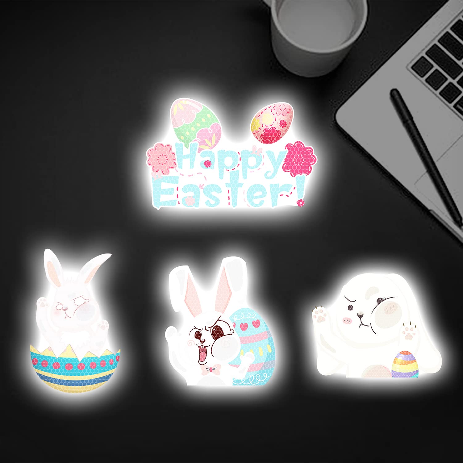 4 Pcs Reflective Bunny Car Scratch Stickers Window Clings Easter Car Decoration Stickers -Vesvory Cute Eggs Bunny Window Clings Refrigerator Stickers Easter Decoration Accessories