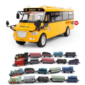 corper toys school bus toy mini train toy set, 4 packs (24 pdie cast vehicles pull back yellow bus model train playset for 3 4 5 6 year old boys girls