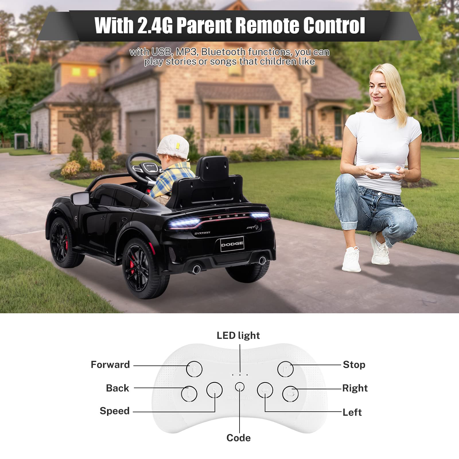 YOFE Electric Car for Kids,12V 7A Battery Powered Kids Electric Vehicle for Boys & Girls,Licensed Dodge Charger Ride on Toys with Remote Control,MP3,USB,Bluetooth,LED Light