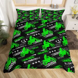 motorcycle racing kids duvet cover set full size,motorbike extreme sports games bedding set,girls boys adults room decor,race flag black white comforter cover,green bright quilt cover,2 pillowcases