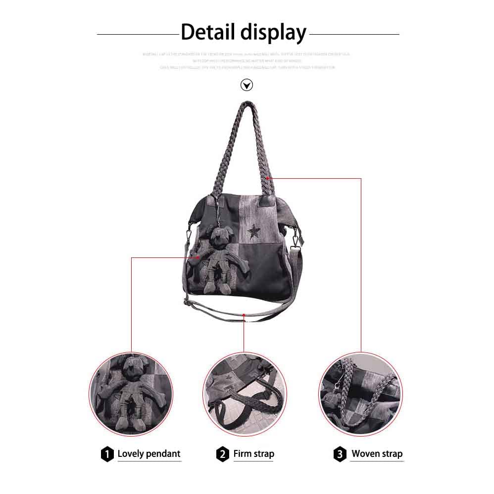 Large capacity women's canvas bag Women's shoulder bag Simple retro messenger bag with cute accessories (Mesh cloth)