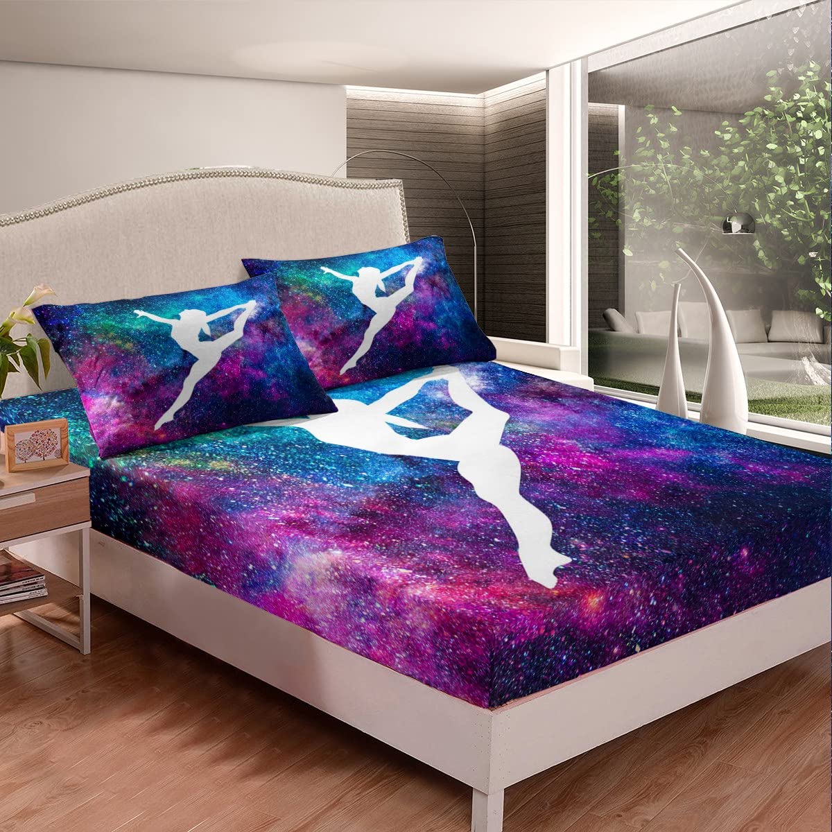 Erosebridal Gymnastic Bed Sheet 3 Pieces, Gymnast Lovers Sheet Set Galaxy Starry Sky Fitted Sheet Funny Dancer Silhouette Top Sheet + 1 Pillow Case Gymnast Gifts for Girls Teens Women, Twin Size