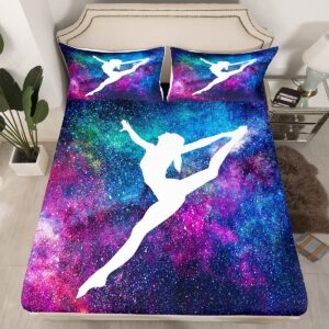 Erosebridal Gymnastic Bed Sheet 3 Pieces, Gymnast Lovers Sheet Set Galaxy Starry Sky Fitted Sheet Funny Dancer Silhouette Top Sheet + 1 Pillow Case Gymnast Gifts for Girls Teens Women, Twin Size