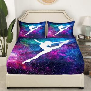 Erosebridal Gymnastic Bed Sheet 3 Pieces, Gymnast Lovers Sheet Set Galaxy Starry Sky Fitted Sheet Funny Dancer Silhouette Top Sheet + 1 Pillow Case Gymnast Gifts for Girls Teens Women, Twin Size