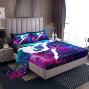 erosebridal gymnastic bed sheet 3 pieces, gymnast lovers sheet set galaxy starry sky fitted sheet funny dancer silhouette top sheet + 1 pillow case gymnast gifts for girls teens women, twin size