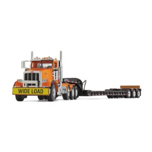 first gear peterbilt 367 day cab bright orange and talbert 55sa tri-axle lowboy trailer black 1/50 diecast model