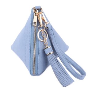 triangle vegan leather wristlet clutch purse handbag - pyramid evening cocktail pouch wallet detachable strap & tassel charm (blue) one size