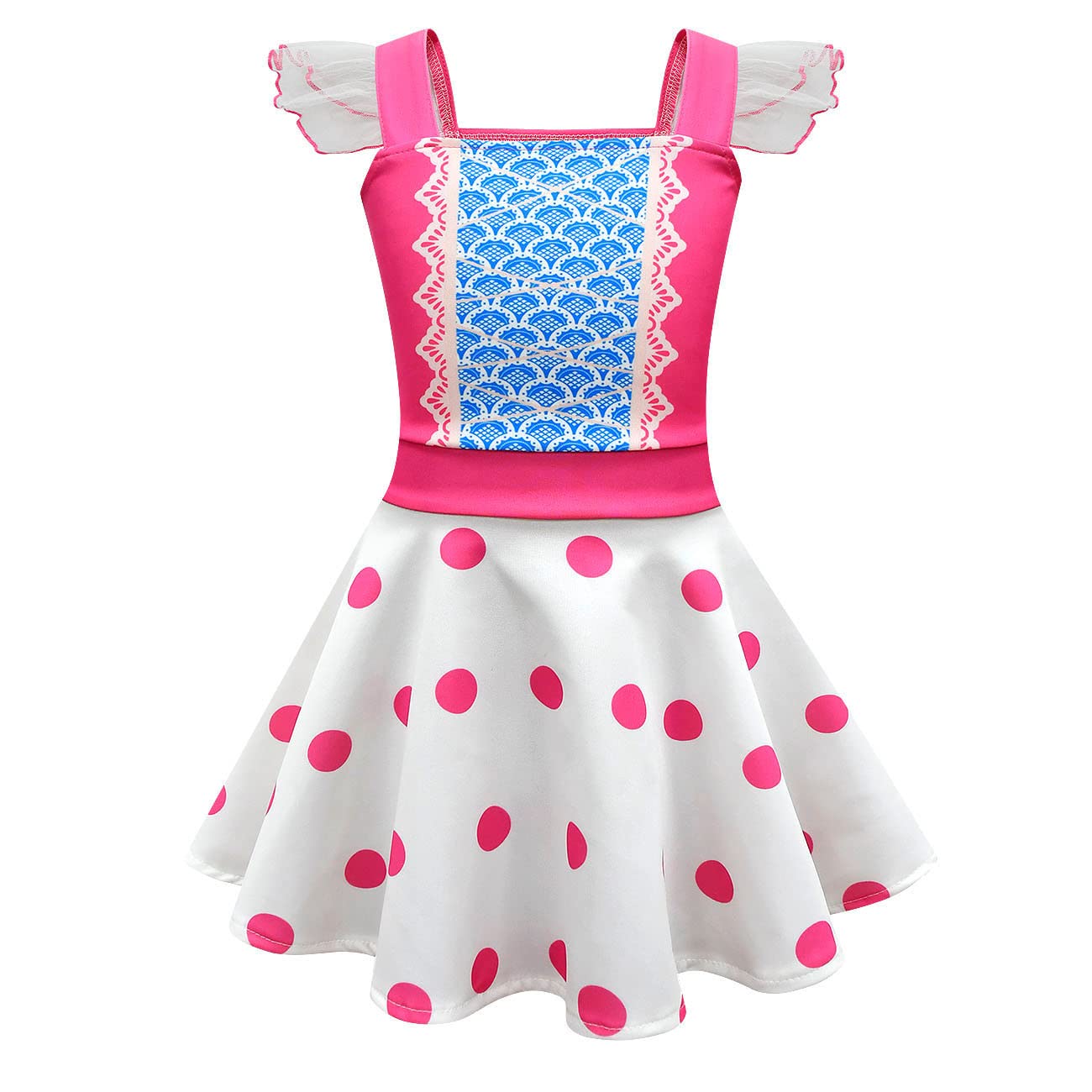 Garperkids Girls Bo Peep Costume for Kids Flutter Sleeve Princess Polka Dot Dress Summer Square Neck Flounce Hem Casual Dress Party Dress Up Children Outfits