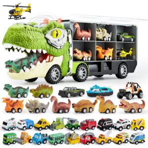 joyin 31pcs dinasaur toy set, with 12 pull back dinosaur car vehicles, 1 toy dinosaur transport carrier truck with music and roaring sound, 18 piece pull back city cars and trucks toy vehicle