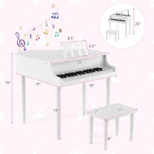 Costzon Classical Kids Piano, 30 Keys Wood Toy Grand Piano with Music Stand and Bench, Mini Musical Toy for Child, Ideal for Children's Room, Toy Room, Best Gifts (4 Straight Leg, White)