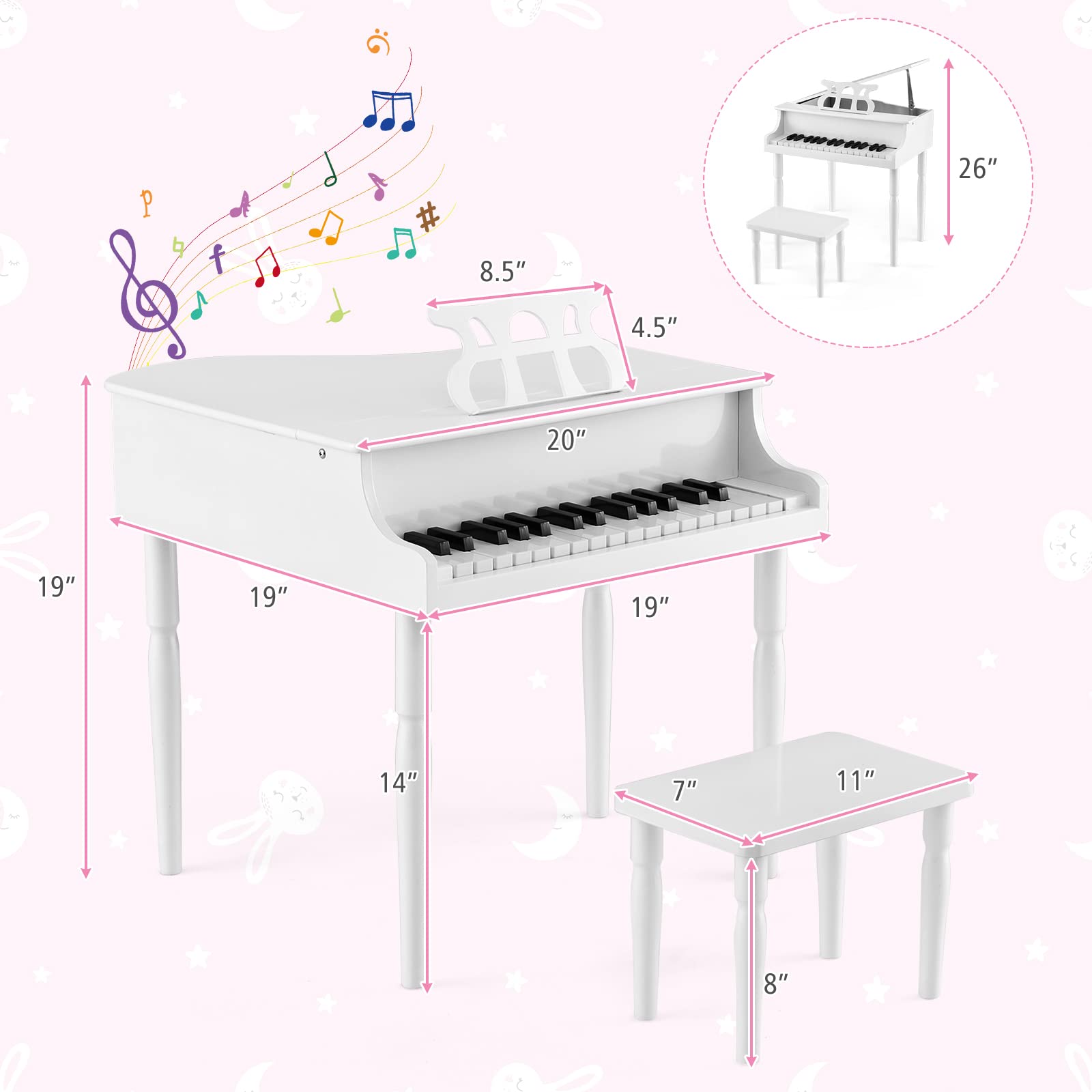 Costzon Classical Kids Piano, 30 Keys Wood Toy Grand Piano with Music Stand and Bench, Mini Musical Toy for Child, Ideal for Children's Room, Toy Room, Best Gifts (4 Straight Leg, White)