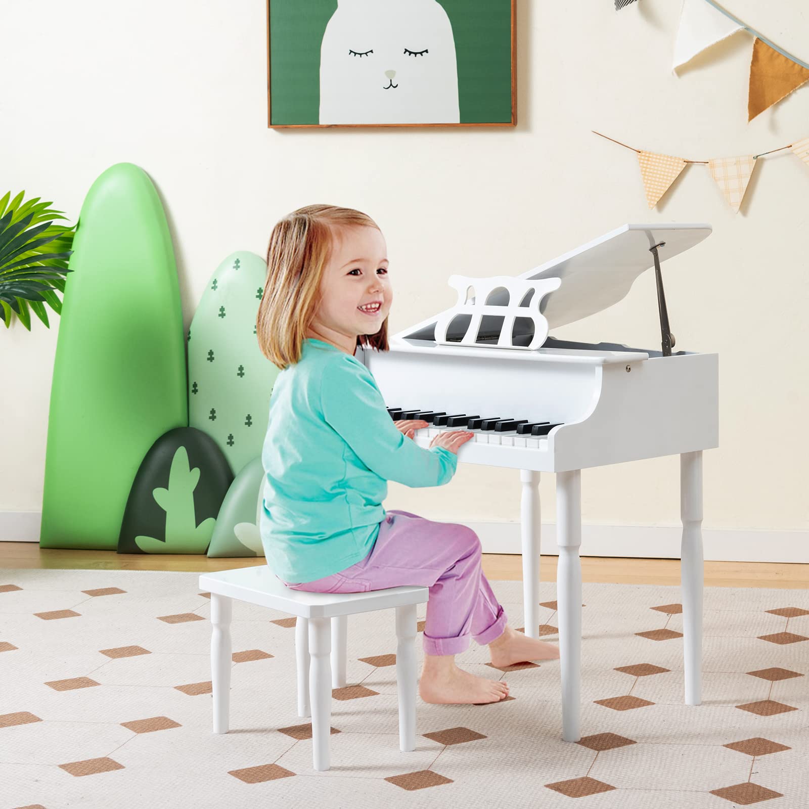 Costzon Classical Kids Piano, 30 Keys Wood Toy Grand Piano with Music Stand and Bench, Mini Musical Toy for Child, Ideal for Children's Room, Toy Room, Best Gifts (4 Straight Leg, White)