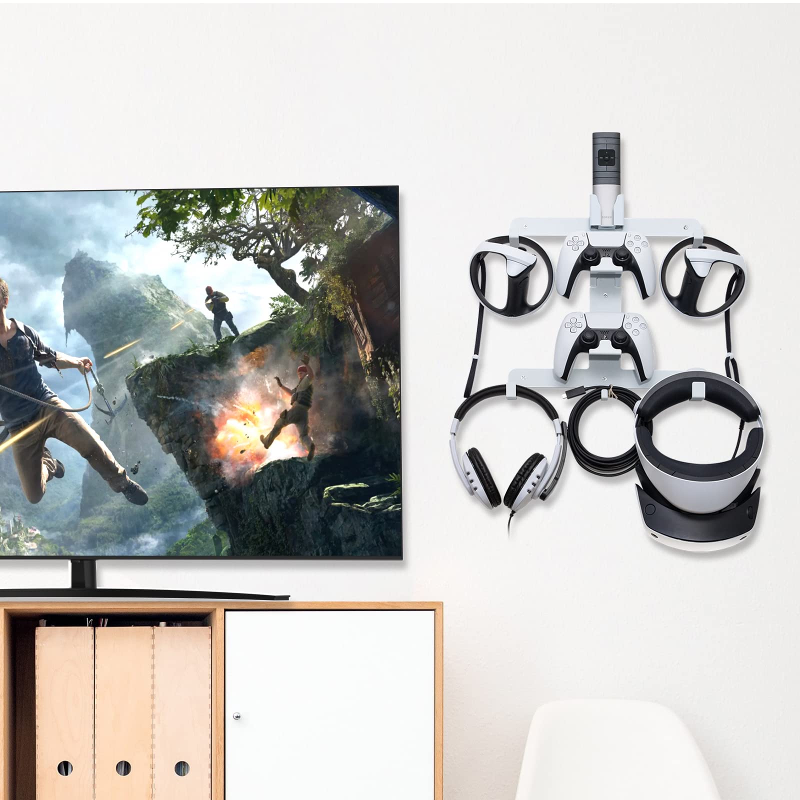 PS VR2 Wall Mount Kit, All in One Solid Metal Wall Mount Kit for PS VR2 Headset, PS VR2 Controllers, PS5 Controllers, PS5 Headphone and PS5 Media Remote - White