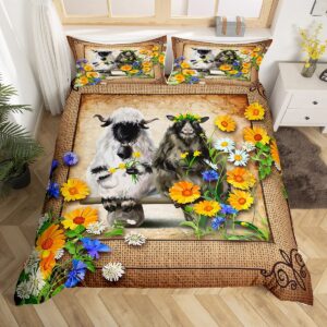 sheep print duvet cover set full size farmhouse style rustic animal comforter cover for kids farm plants sunflower chic home bedding quilt cover 3 pieces with 2 pillowcases