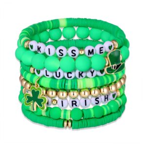 bvga st. patrick's day heishi beaded stretch bracelets set for women girl holiday shamrock clover green leaf lucky charm stretch bracelets jewelry set for party parade 6 pieces