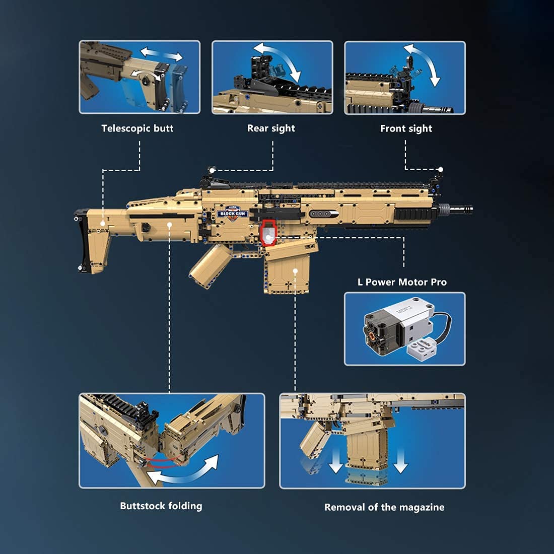 FULHOLPE Gun Building Block, 1406+Pcs Manually Loaded Shooting Blaster Model Kit with Motors, Motorized Military FN Scar 17S Assault Rifle Weapon Building Kit Compatible with Major Brands