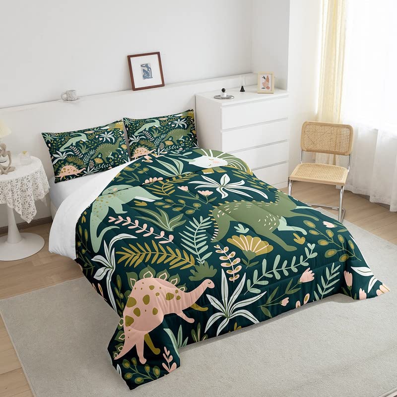 jejeloiu Cartoon Dinosaur Comforter Set Dino Print Comforter for Kids Boys Girls Teens Jungle Dino Tree Botanical Bedding Set Wild Animal Duvet Set Room Decor Quilt Twin Size Boys