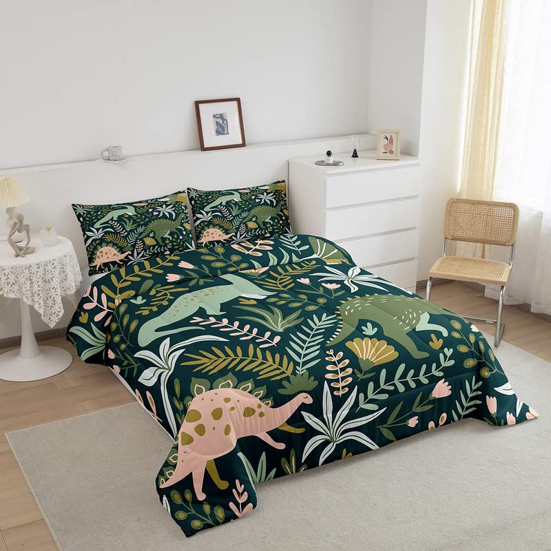 jejeloiu Cartoon Dinosaur Comforter Set Dino Print Comforter for Kids Boys Girls Teens Jungle Dino Tree Botanical Bedding Set Wild Animal Duvet Set Room Decor Quilt Twin Size Boys