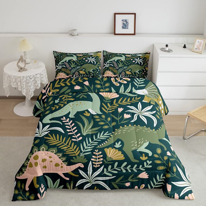 jejeloiu Cartoon Dinosaur Comforter Set Dino Print Comforter for Kids Boys Girls Teens Jungle Dino Tree Botanical Bedding Set Wild Animal Duvet Set Room Decor Quilt Twin Size Boys