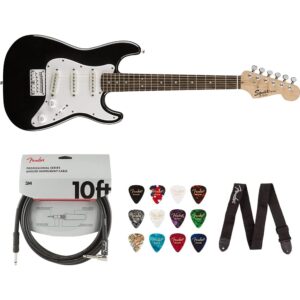 squier mini stratocaster electric guitar (indian laurel fingerboard, black) bundle with fender 10ft cable (straight/straight), fender guitar 12-pack picks, and fender 2" guitar straps