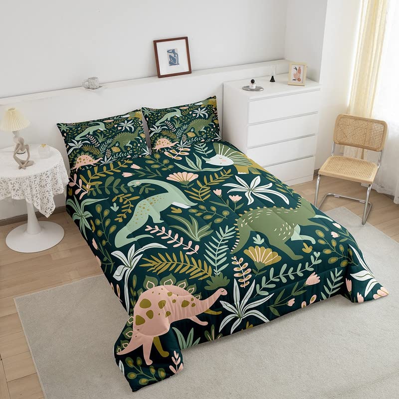 jejeloiu Cartoon Dinosaur Comforter Set Dino Print Comforter for Kids Boys Girls Teens Jungle Dino Tree Botanical Bedding Set Wild Animal Duvet Set Room Decor Quilt Twin Size Boys