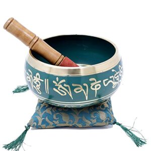 tibetan holy mantra singing bowl with cushion & mallet - for meditation prayer & yoga - premium quality - jive brand (small, green)