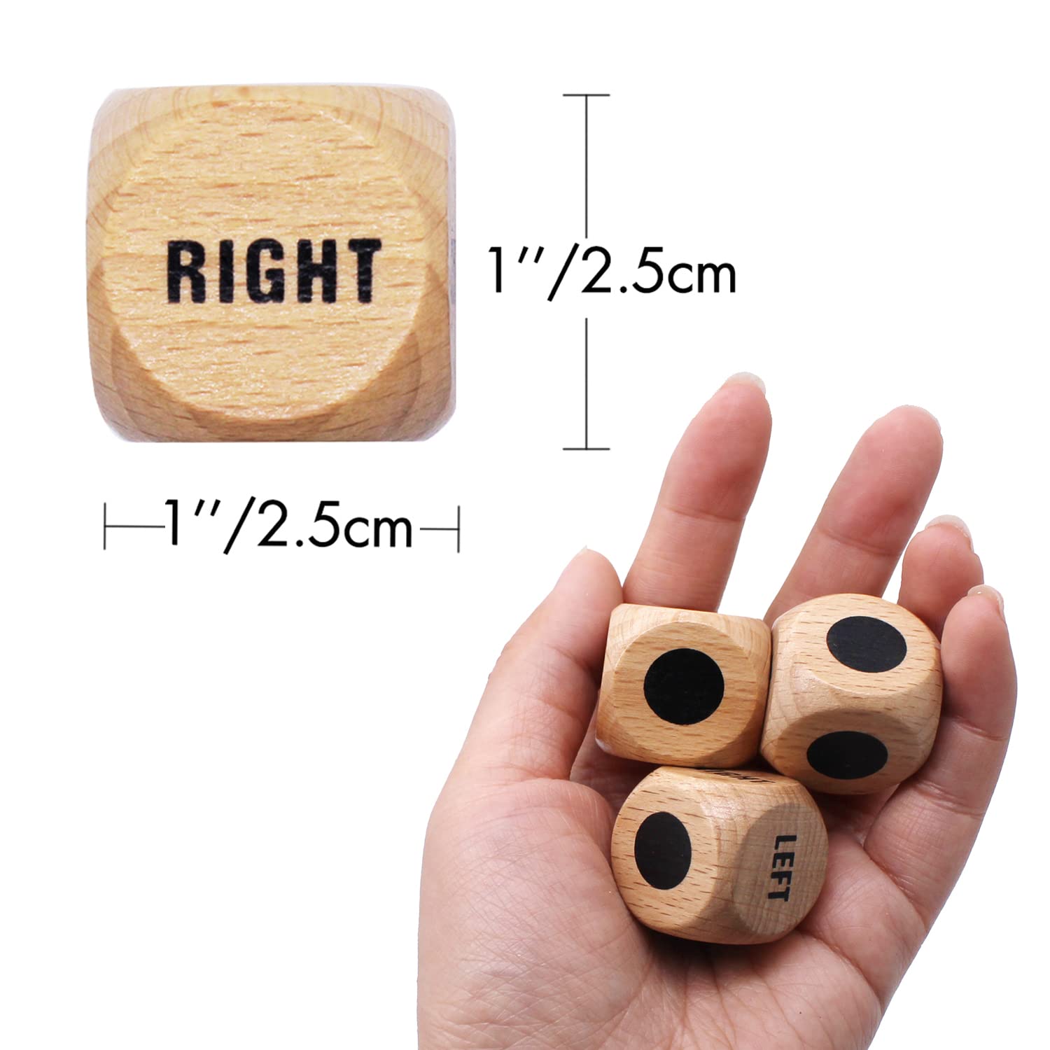 Bilywey 3pcs Left Right Center Game Dice 1 inch Beech Wood Dices with Drawstring Bag (3 pcs)