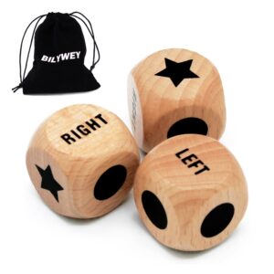 bilywey 3pcs left right center game dice 1 inch beech wood dices with drawstring bag (3 pcs)