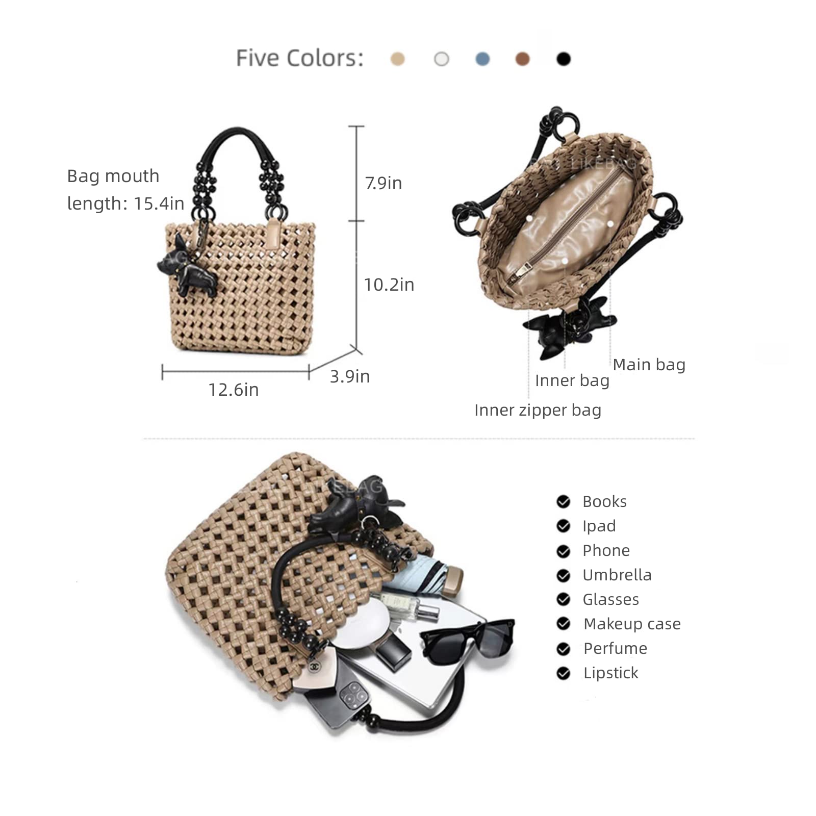 JOUJOUJOY Chic and Spacious Handwoven Tote Handbag for Women, with PU Leather Body, Medium Zipper Purse and Cute Dog Pendant