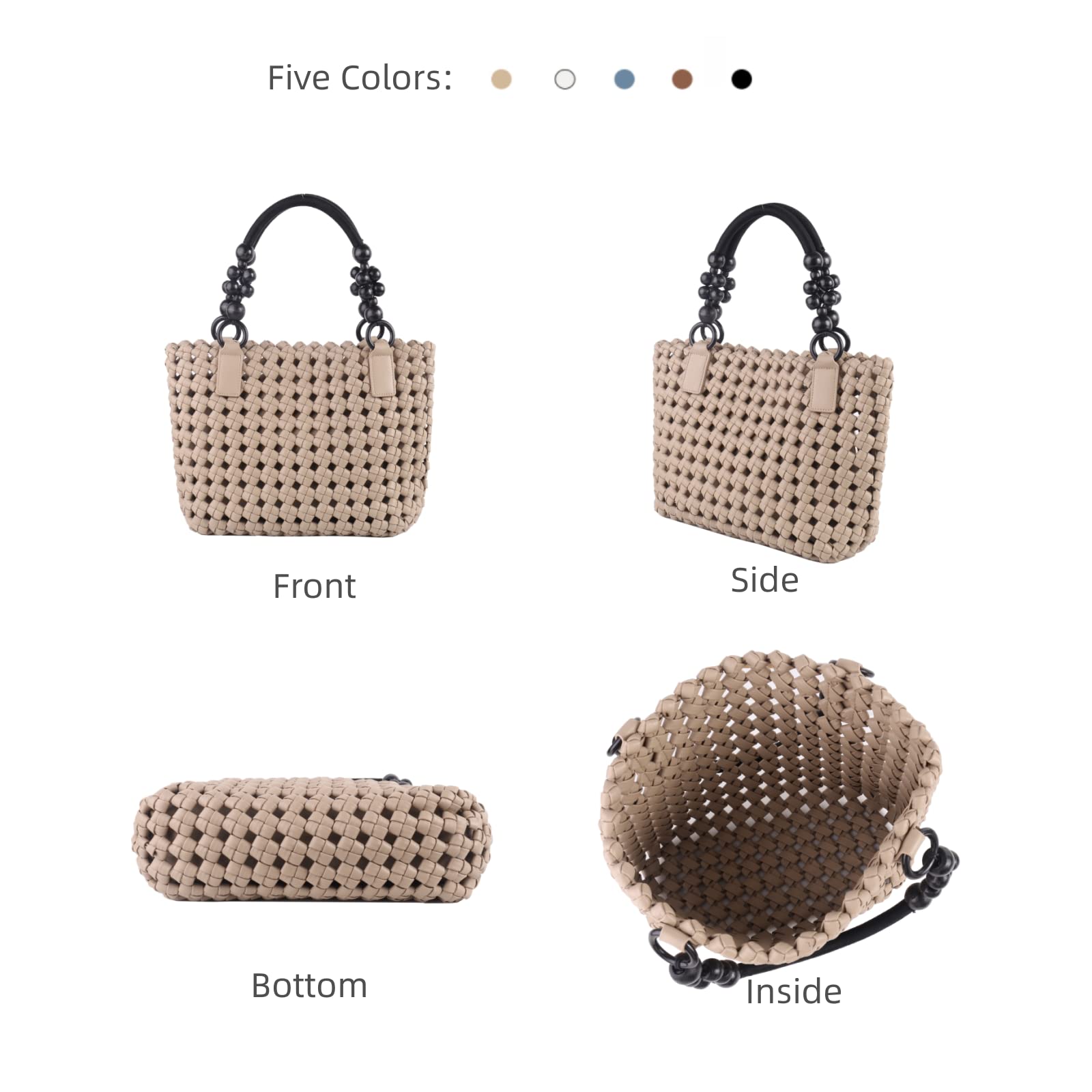 JOUJOUJOY Chic and Spacious Handwoven Tote Handbag for Women, with PU Leather Body, Medium Zipper Purse and Cute Dog Pendant