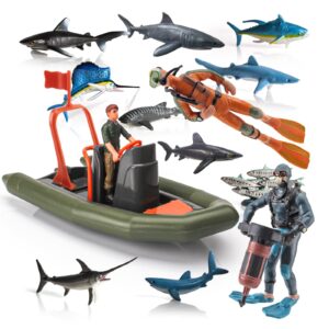 bretoyin 14pcs mini shark toy bath toys submarine toys scuba diver set unable to wing up for kids model educational science sharks whale figurines