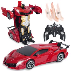 aced kids toys - 1:12 scale hand gesture deformation and remote control transformation robot rc car toy with light and music - birthday gift for youth, boys and girls (red)