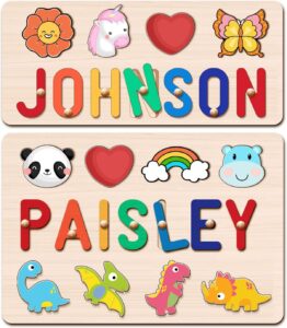 personalized name puzzle for kids engraved text greetings on back, custom wooden name signs with pegs for boy & girl 1 year old montessori toys toddler puzzles for newborn