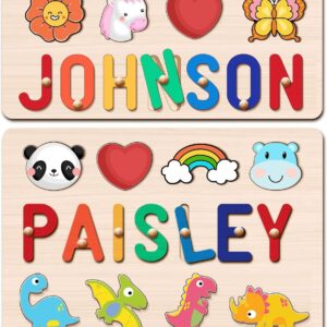 Personalized Name Puzzle for Kids Engraved Text Greetings on Back, Custom Wooden Name Signs with Pegs for Boy & Girl 1 Year Old Montessori Toys Toddler Puzzles for Newborn