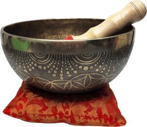 devyom 9" large hand hammered tibetan carving singing bowl meditation healing bowl with mallet and silk cushion