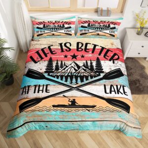 lake boating bedding set king size rustic farmhouse wooden barn duvet cover set 3pcs for kids girls teens bedroom decor outdoor camping comforter cover vintage colorful quilt cover,2 pillowcases