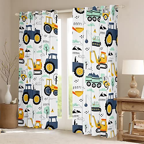 Kids Construction Curtains for Boys,Cartoon Car Excavator Tractor Blackout Curtains 104Wx84L,Cute Equipment Trucks Curtains & Drapes for Toddler Teen Room Decor Yellow Blue Vehicle Window Curtains