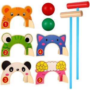 toddmomy 1set wooden croquet set,kids animals croquet set indoor outdoor croquet game set for boys and girls gift