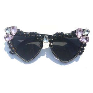 willochra heart shaped rhinestone sunglasses women fashion diamond bling party sun glasses crystal shades (black)