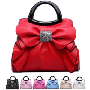 women leather waterproof bow knot top handle shoulder with zipper bags,fashion casual daily use tote bag (red)