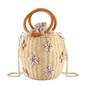 nibd flower pearls rattan tote bag summer beach drawstring straw bucket bag diamonds woven handbag (d white)