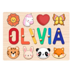 name puzzle for kids personalized, custom baby gifts, 1st birthday gifts, early learning toys for baby boy or baby girl, wooden puzzles for toddlers with pegs