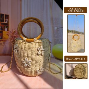 NIBD Flower Pearls Rattan Tote Bag Summer Beach Drawstring Straw Bucket Bag Diamonds Woven Handbag (D White)