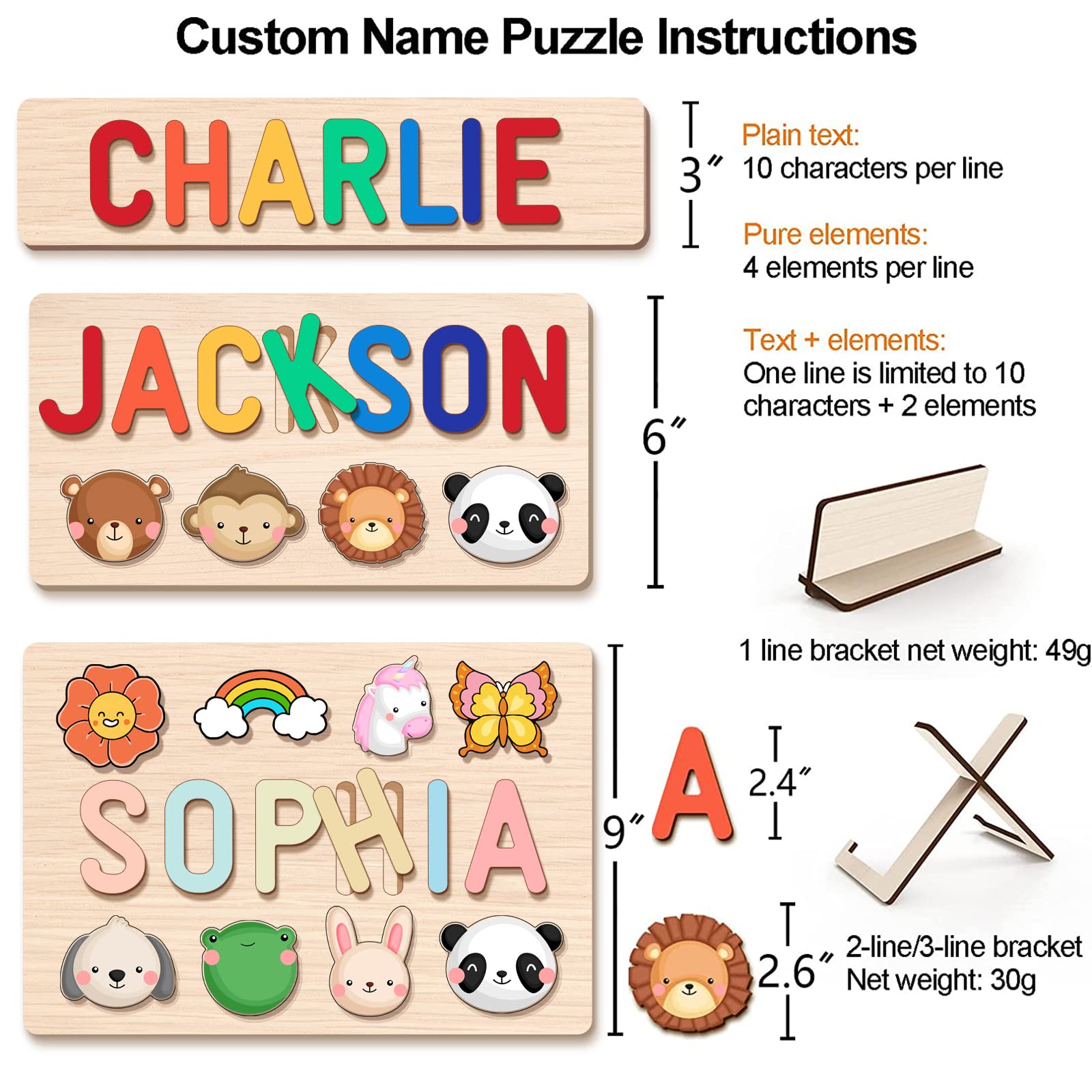 Name Puzzle for Kids Personalized, Custom Baby Gifts, 1st Birthday Gifts, Early Learning Toys for Baby Boy or Baby Girl, Wooden Puzzles for Toddlers with Pegs