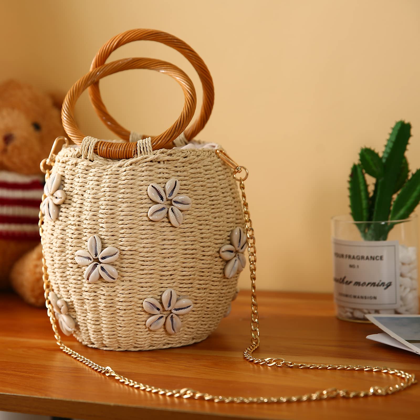 NIBD Flower Pearls Rattan Tote Bag Summer Beach Drawstring Straw Bucket Bag Diamonds Woven Handbag (D White)