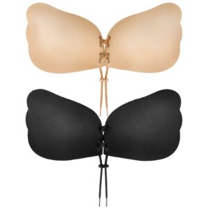 cmojsk sticky bra, backless strapless bra push up, adhesive invisible lift up bras 2 pairs black/beige