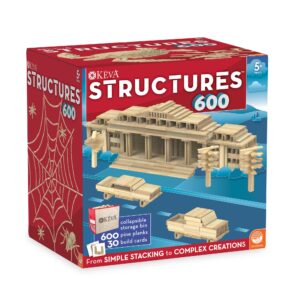 mindware keva structures 600 plank wooden building blocks set, includes 600 pine keva planks, 30 idea cards and collapsible storage bin