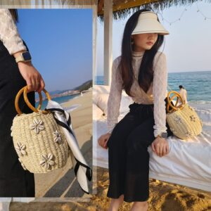 NIBD Flower Pearls Rattan Tote Bag Summer Beach Drawstring Straw Bucket Bag Diamonds Woven Handbag (D White)