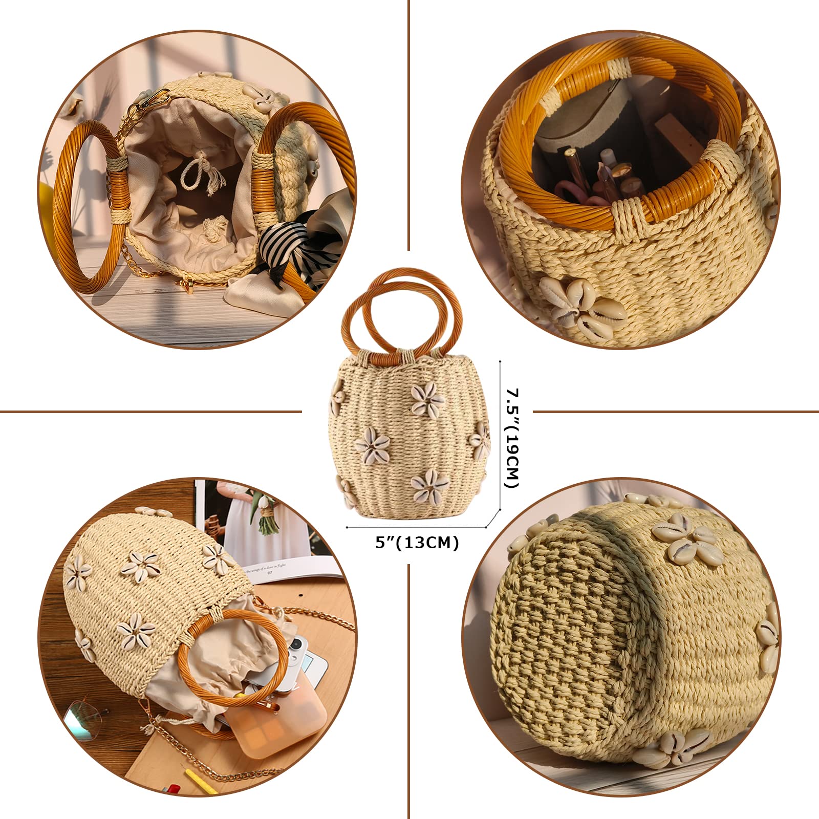 NIBD Flower Pearls Rattan Tote Bag Summer Beach Drawstring Straw Bucket Bag Diamonds Woven Handbag (D White)