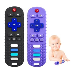 ersihua 2-pack silicone baby teething toys, fire tv remote shape for 18 months infant, toddlers, boys and girls early educational sensory toy (black+purple)